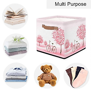 13x13x13 Storage Cube Bins Pink Bike Hearts Tree Fabric Storage Cubes 13 inch Collapsible Storage Bins Valentine's day Cubby Storage Baskets for Organizing Shelf Cabinet Bookcase Boxes