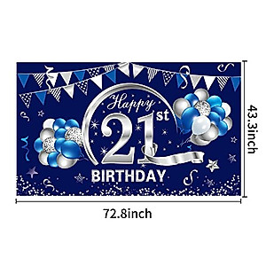Kauayurk Happy 21st Birthday Banner Decorations for Boy Men, Blue Silver 21 Birthday Backdrop Party Supplies, 21 Year Old Birthday Photo Background Sign Decor