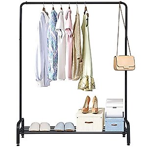 Tangkula Metal Garment Rack, Heavy Duty Clothes Stand Rack with Top Rod & Lower Storage Shelf for Boxes & Shoes, Industrial 2 in 1 Space-Saving Design Clothes Rack with Anti-Slip Stoppers (Black)