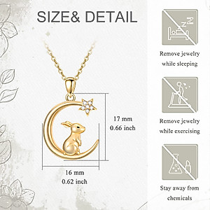 MUUYON 14K Gold Rabbit Necklace for Women, Real Yellow Gold Crescent Moon and Star Pendant Necklace, Easter Jewelry for Ladies Mom Sisters, 16"+1"+1"