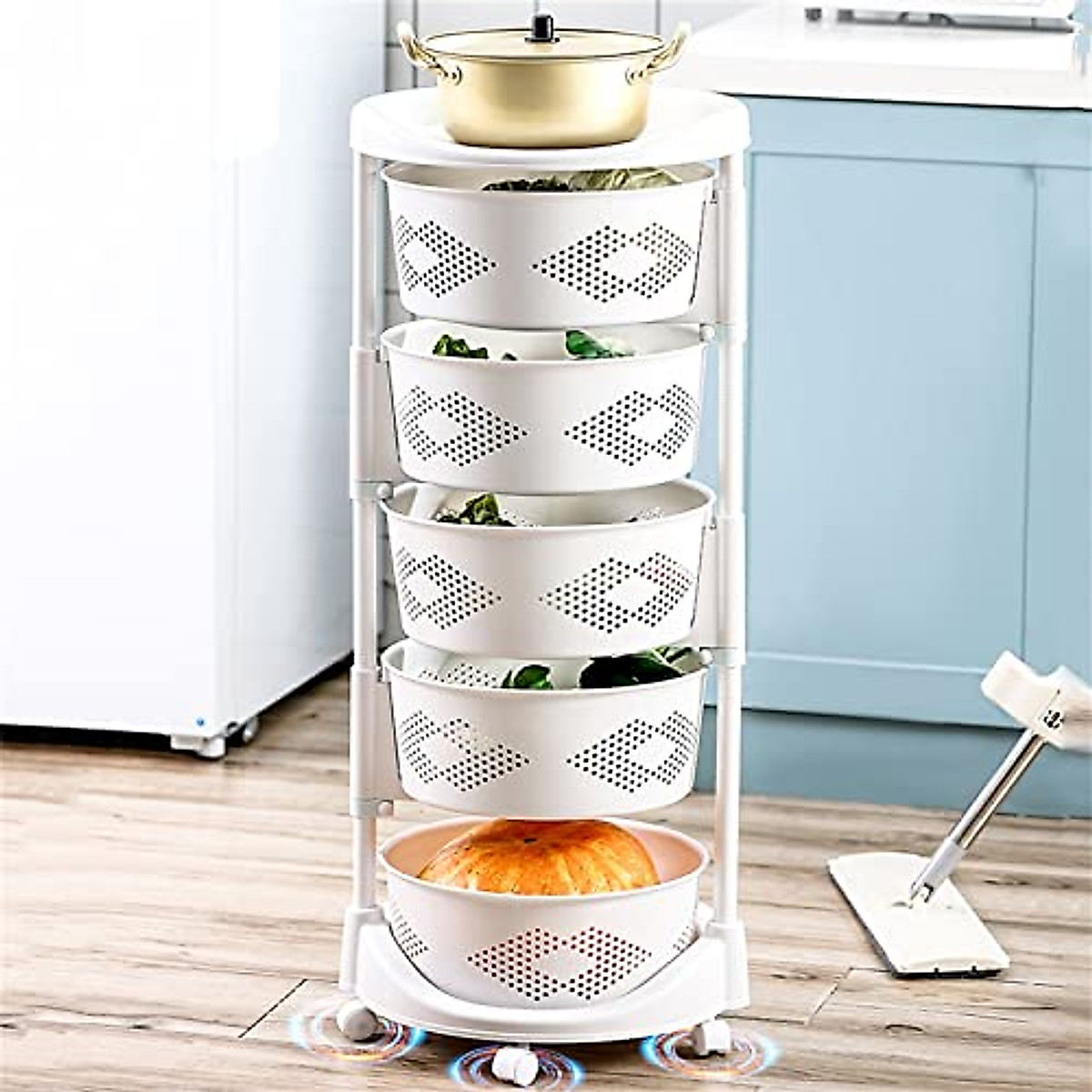 AKaSping 5 Layer Kitchen Storage Rack 360° Rotating Storage Shelf White Carbon Steel Household Floor-Standing Movable Storage Rack for Vegetable Fruit Snack