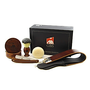 G.B.S Complete Professional Wet Shaving Kit + Lavender and Citrus Aftershave Balm Rejuvenates Dry Skin 5/8" Inch Carbon Steel Straight Razor with Wooden Handle, Synthetic Hair Shave Brush, strop, Soap