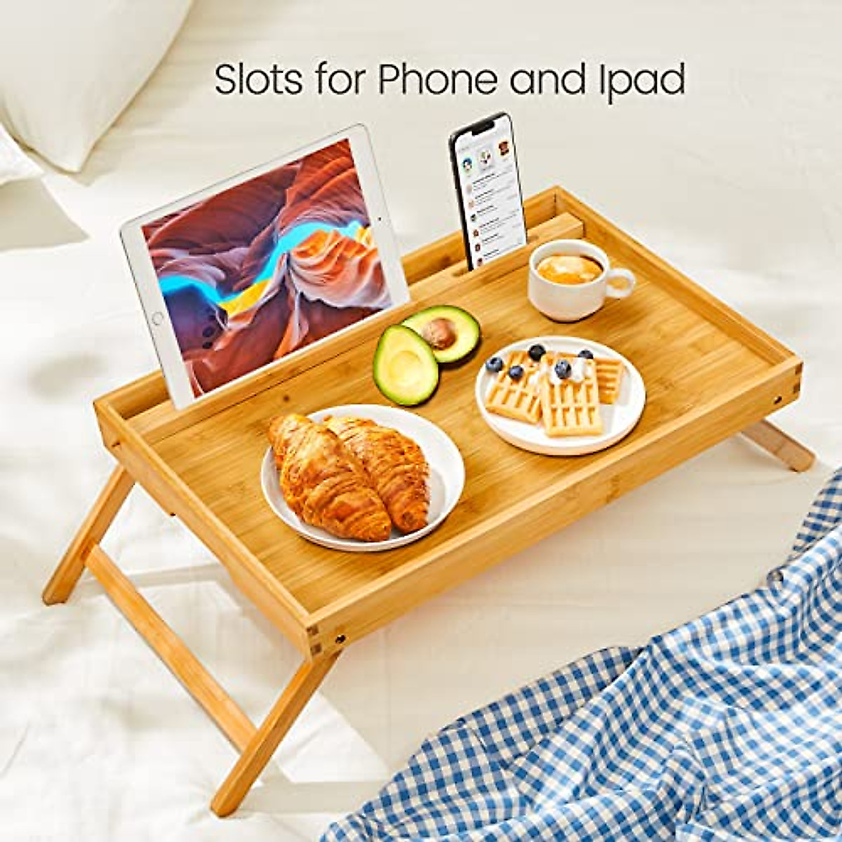 Bamboo Bed Tray Table, Large Breakfast Tray - 21.7x14 Inch with Folding Legs, Multipurpose Serving Tray Use As Portable Laptop Tray, Snack Tray, Platter Tray for Working, Eating, Reading by Pipishell