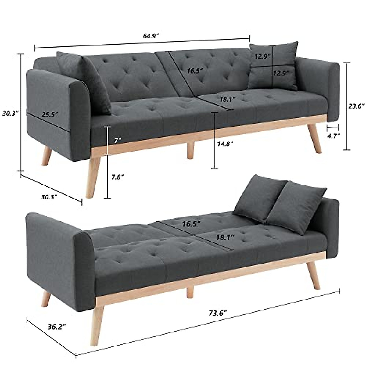 DKLGG Modern Futon Sofa Bed, Convertible Bed Folding Linen Fabric Sofa Bed Couch with Two Pillows, Adjustable Backrest Loveseat Couch Sofa, Sleeper Sofa Couch with Removable Armrests for Living Room