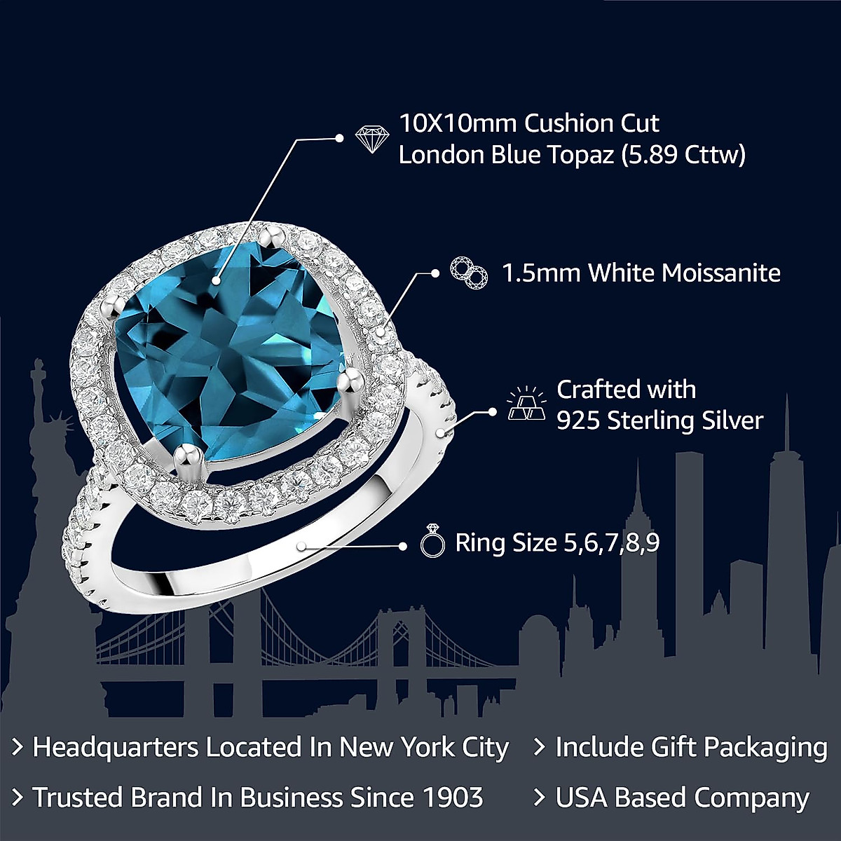 Gem Stone King 925 Sterling Silver 10MM Cushion Cut Gemstone Birthstone and White Moissanite Engagement Ring | Wedding Anniversary Promise Ring For Women | Ring Size 5-9