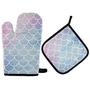Mermaid Scales Oven Mitts Pot Holders Set Non-Slip Rainbow Fish Scale Cooking Kitchen Gloves Washable Heat Resistant Oven Gloves for Microwave BBQ Baking Grilling Gifts