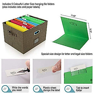 JSungo File Box with 5 Hanging Filing Folders, Document Organizer Storage for Office, Collapsible Linen Storage Box with Lids, Home Portable Storage with Handle, Letter Size Legal Folder, Brown