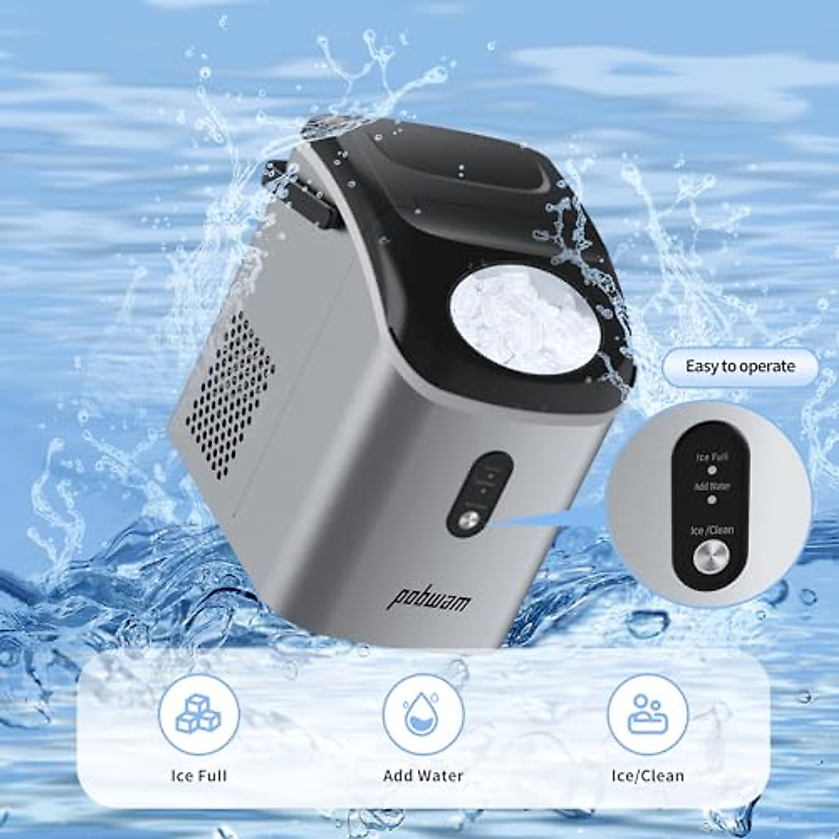 Pobwam Nugget Ice Maker Countertop Chewable Ice Maker Machine with Handle Self-Cleaning Ice Machine with Ice Scoop Ice Basket Ice Makers for Home/Kitchen/Party/33Lbs/24H Silver