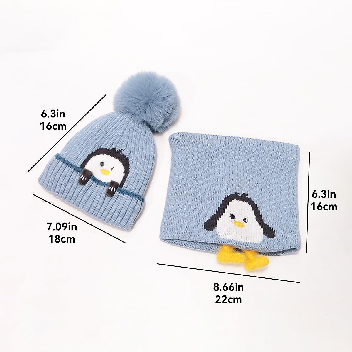 Toddler Winter Beanie Hat Scraf Set, Cute Cartoon Penguin Knitted Hats Soft Warm Infant Hat with Pompom for Baby Boys and Girls 1-3 Years (Blue)