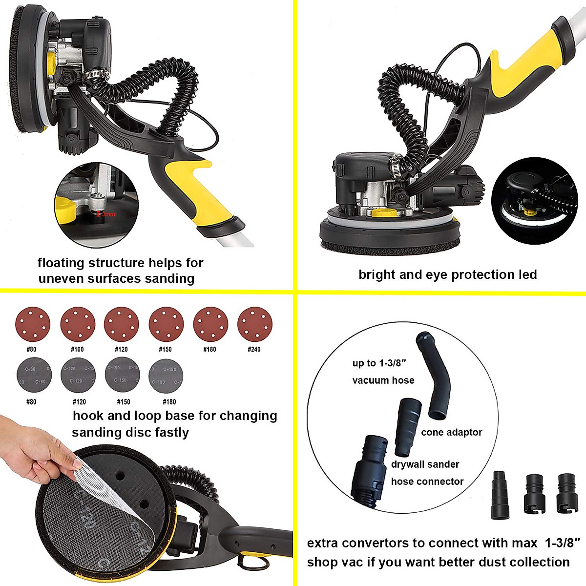 CUBEWAY Drywall Sander with Vacuum Attachment, Innovative Fixture for Ceiling Sander, Electric Drywall Sander with LED Light, Variable Speed and ETL Listed