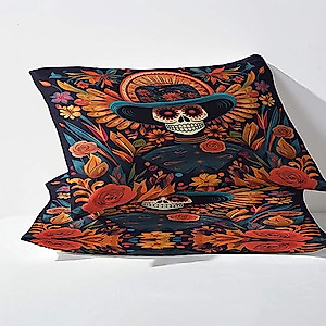 Skeleton Sheets Full Size, Day of The Dead Bed Sheets, Patterned Bedding Sheets & Pillowcases 4 Piece Set - Soft Microfiber Deep Pocket Fitted Sheet & Flat Sheet & 2 Pillow Cases L8-&-335