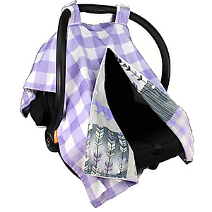 Dear Baby Gear Deluxe Reversible Car Seat Canopy, Custom Minky Print, Adventure Little Lady Faux Quilt Lavender and Lavender Lumberjack Plaid