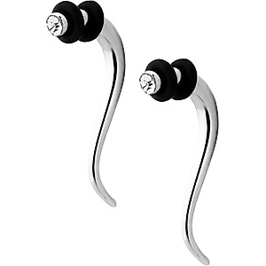 Forbidden Body Jewelry Pair of Surgical Steel 6g Round Cubic Zirconia Crystal Curved Hanging Taper Earrings