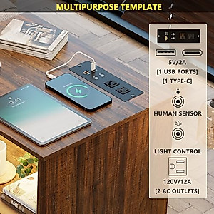 Dystler Nightstand with Charging Station and LED Light Strip, Bedside Tables with 2 Drawers and Open Storage, Modern End Side Table with Human Body Sensor Function for Bedroom, Living Room (Brown)