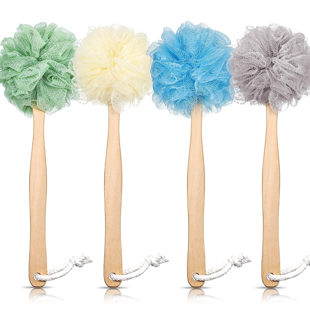 4 Pieces Loofah Back Scrubber Bath Sponge with Wooden Handle Long Handle Sponge Mesh on a Stick for Shower Exfoliating Bath Body Brush Luffa Back Brush for Women Men (White, Grey, Blue, Green)