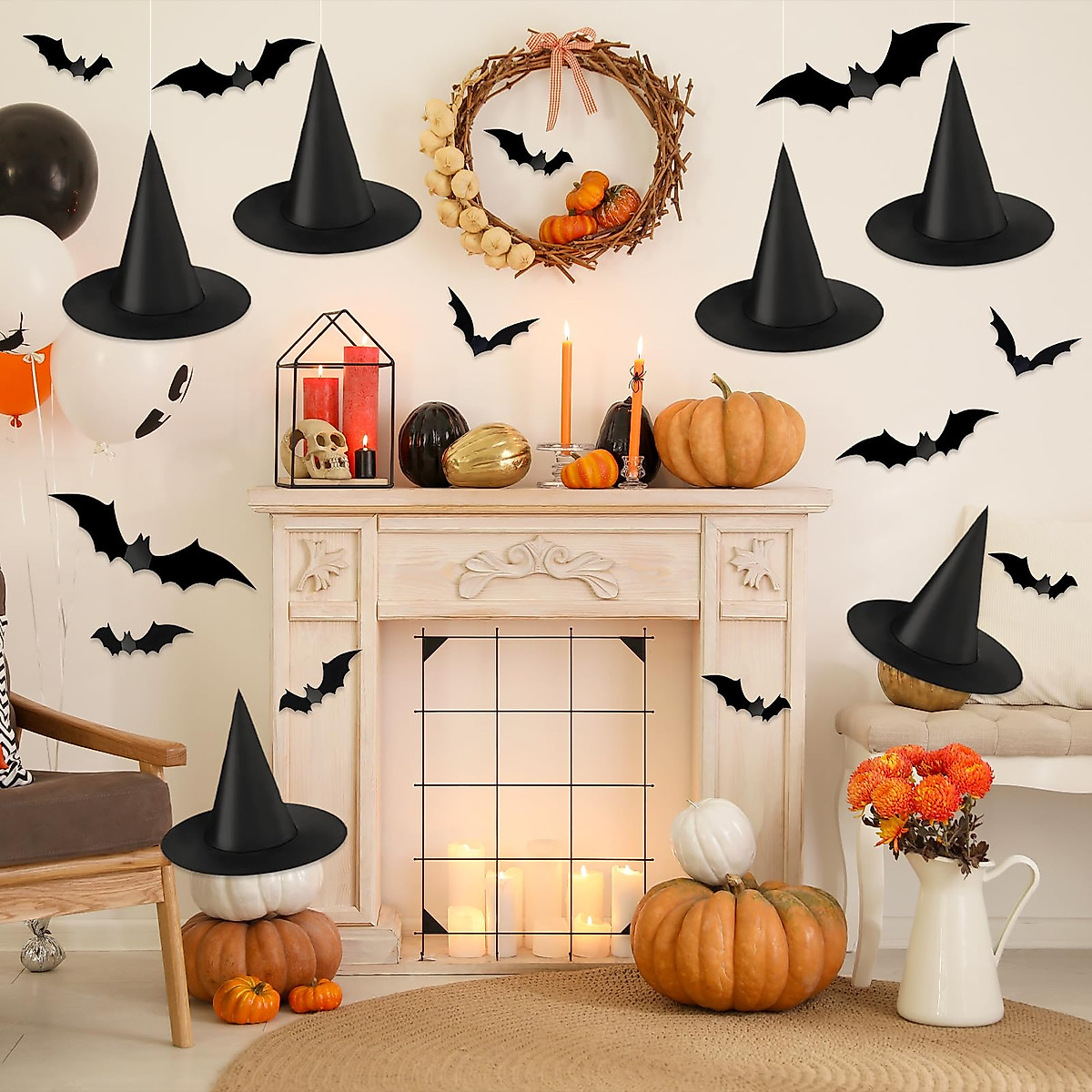 JMUQ 6 PCS Black Halloween Witch Hats with 3D Bats Stickers, Hanging Witch Hats for Halloween Indoor Outdoor Yard Decor Party Decorations Wizard Hats