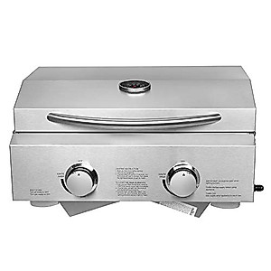 Tabletop Gas Grill 2-Burner Stainless Steel 2-Burner Gas Grill 2 Independently Adjustable Burners Portable Tabletop 20,000 BTU BBQ Grid with Buckles & Foldable Legs for Outdoor Camping Picnic, Silver