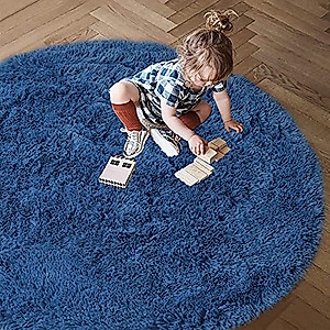 ISEAU Fluffy Round Rug Carpets, Modern Shaggy Circle Rug for Kids Bedroom Extra Comfy Cute Nursery Rug Small Circular Carpet for Boys Girls Room Home Decor Area Rug, 4ft Rugs, Light Navy