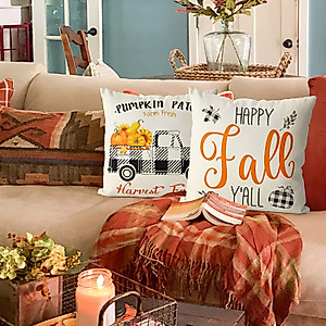 MingTa Happy Fall Pillow Covers 18x18 Set of 4, Linen Buffalo Plaid Maple Pumpkin Truck Farmhouse Thanksgiving Throw Pillow Covers Outdoor and Indoor, Pillow Cases for Sofa Couch Fall Home Decor