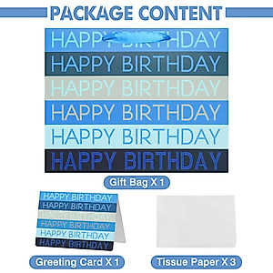 13" Large Happy Birthday Gift Bag with Tissue Paper,Card and Handles for Men Boy Kid Birthday Party (Blue Stripes)