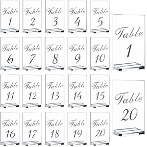 20 Pieces Wedding Table Numbers Acrylic Table Number Holder Wedding Numbers 4 x 6 Inches Clear Acrylic Table Numbers with 20 Pieces Display Stand Table Number Signs for Wedding Reception (1-20 Print)