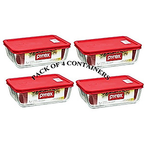PYREX Containers Simply Store 6-cup Rectangular Glass Food Storage Red Plastic Covers ... (Pack of 4 Containers)