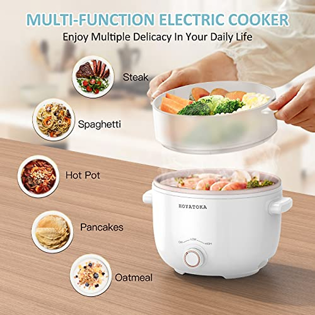 Hoyatoka Electric Hot Pot, 2L Portable Non-Stick Electric Cooker with Steamer, Multifunction Mini Electric Pot Ramen Cooker for Sauté, Stir Fry, Steak, Eggs, Oatmeal, Ramen, Soup, Electric Skillet with Dual Power Control for Dorm and Office, White