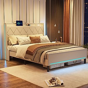 Vabches Queen Size Bed Frames with LED Lights, Upholstered Platform Bed with Charging Station, Storage Space Under The Bed, Steel Slat Support, No Box Spring Needed, Noise Free, Off White