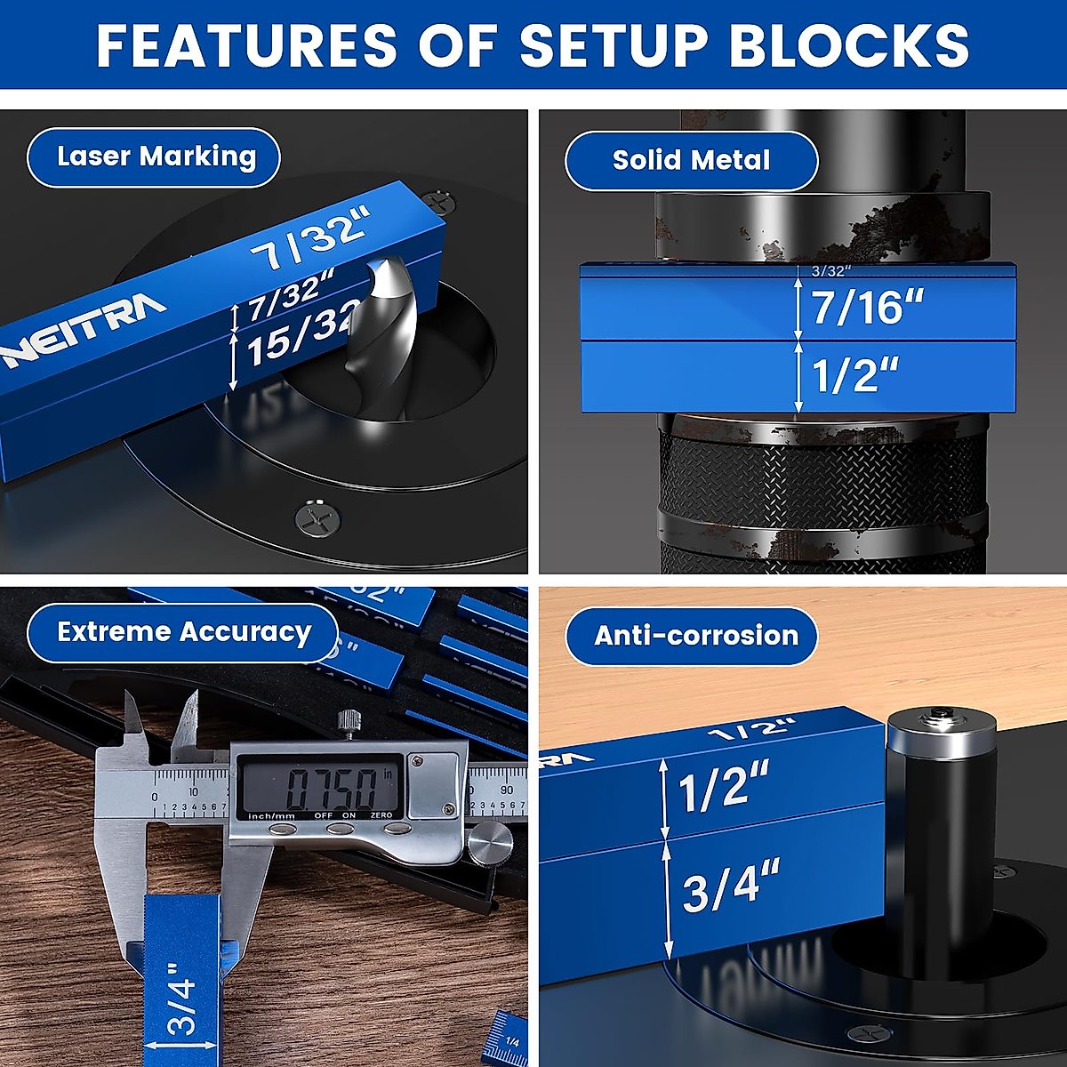 Neitra Setup Blocks Woodworking - 15 PCS Aluminum Height Gauge Blocks Set - Woodworking Measuring Tools Precision Setup Bars for Router Table Saw, Blue