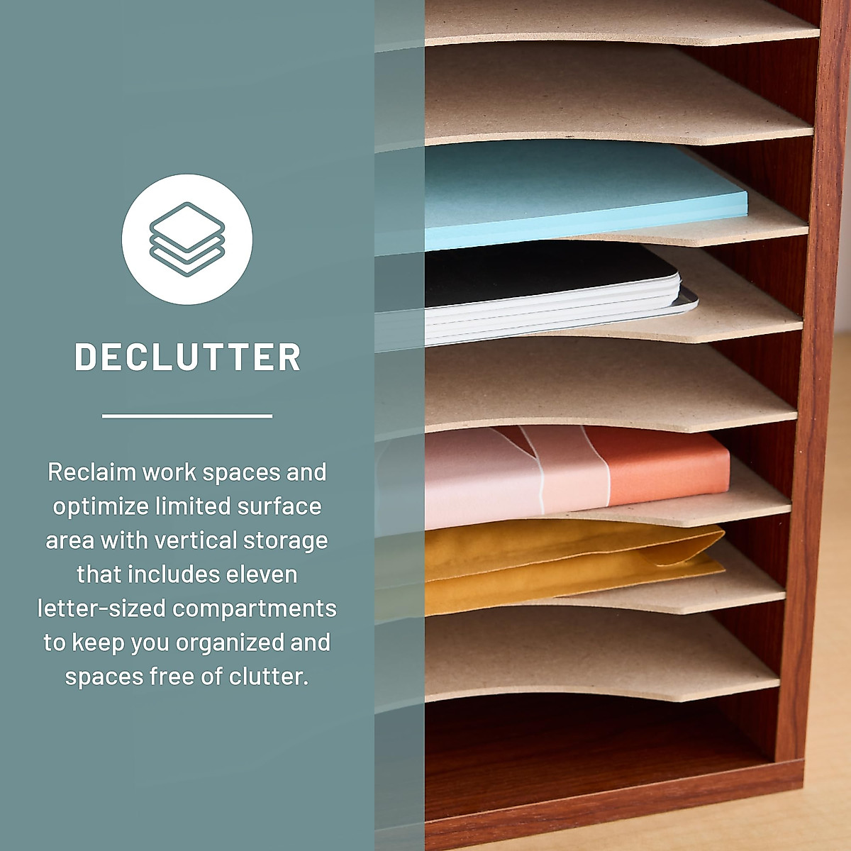 Safco Vertical Literature Organizer, 11 Compartments, Office and Classroom Mailbox with Adjustable Shelves, Wood Paper and Mail Sorter, Cherry