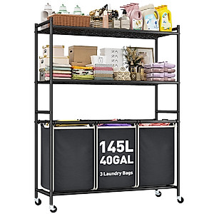 Raybee Laundry Sorter 3 Section Rolling Laundry Hamper Cart with Shelf 145L Large Laundry Basket Organizer 3 Compartment Hampers for Laundry Room Organization Laundry Station with Lockable Wheel,Black