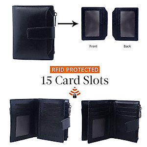 Bveyzi Women's Small Leather RFID Blocking Bifold Zipper Pocket Wallet Ladies Credit Card Slots Purse with id Window(Black)