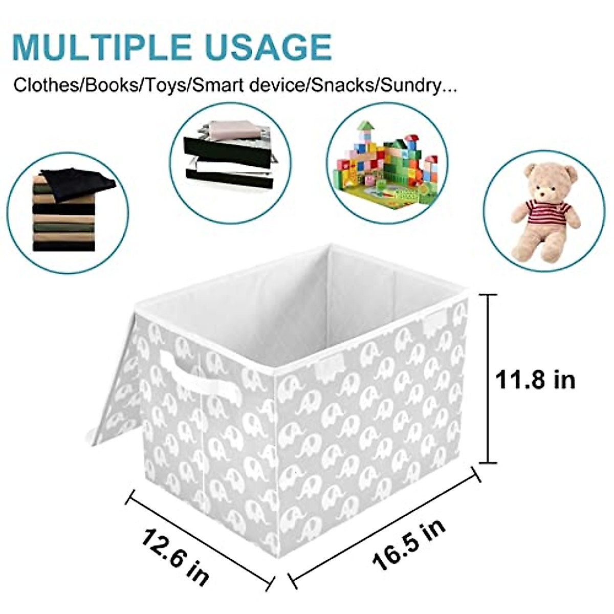 CaTaKu Cute Elephants Grey Storage Bins with Lids Fabric Large Storage Container Cube Basket with Handle Decorative Storage Boxes for Organizing Clothes Shelves