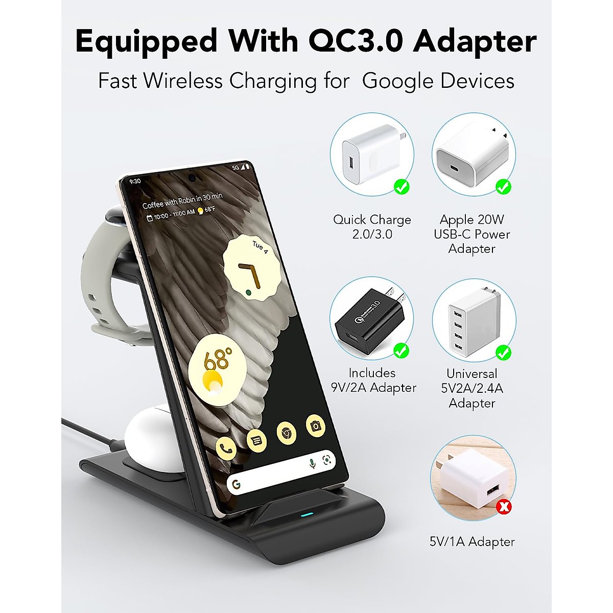 Upgraded 3 in 1 Wireless Charger Compatible with Google Pixel Watch 3/2, Pixel 9 Pro XL/9/8/7/7A/6 Pro, Pixel Buds Pro/2, Wireless Charging Station for Multiple Devices (Not for Pixel Watch 1)