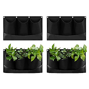 Navaris Hanging Outdoor Planters - Pack of 4 Plant Hangers for Balcony Deck Patio Porch Railing Garden Plants Herbs Flowers - 3 Pocket Felt Planters