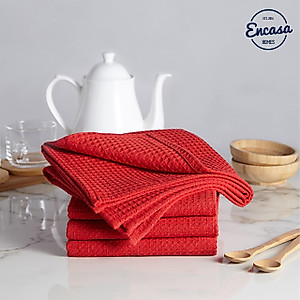 Encasa Homes Anti-Odour Waffle Kitchen Dish Towels, 18 x 28 inch (4 Pc Set) Highly Absorbent, Tea Towels for Cleaning & Quick Drying, Eco-Friendly Cotton - Red
