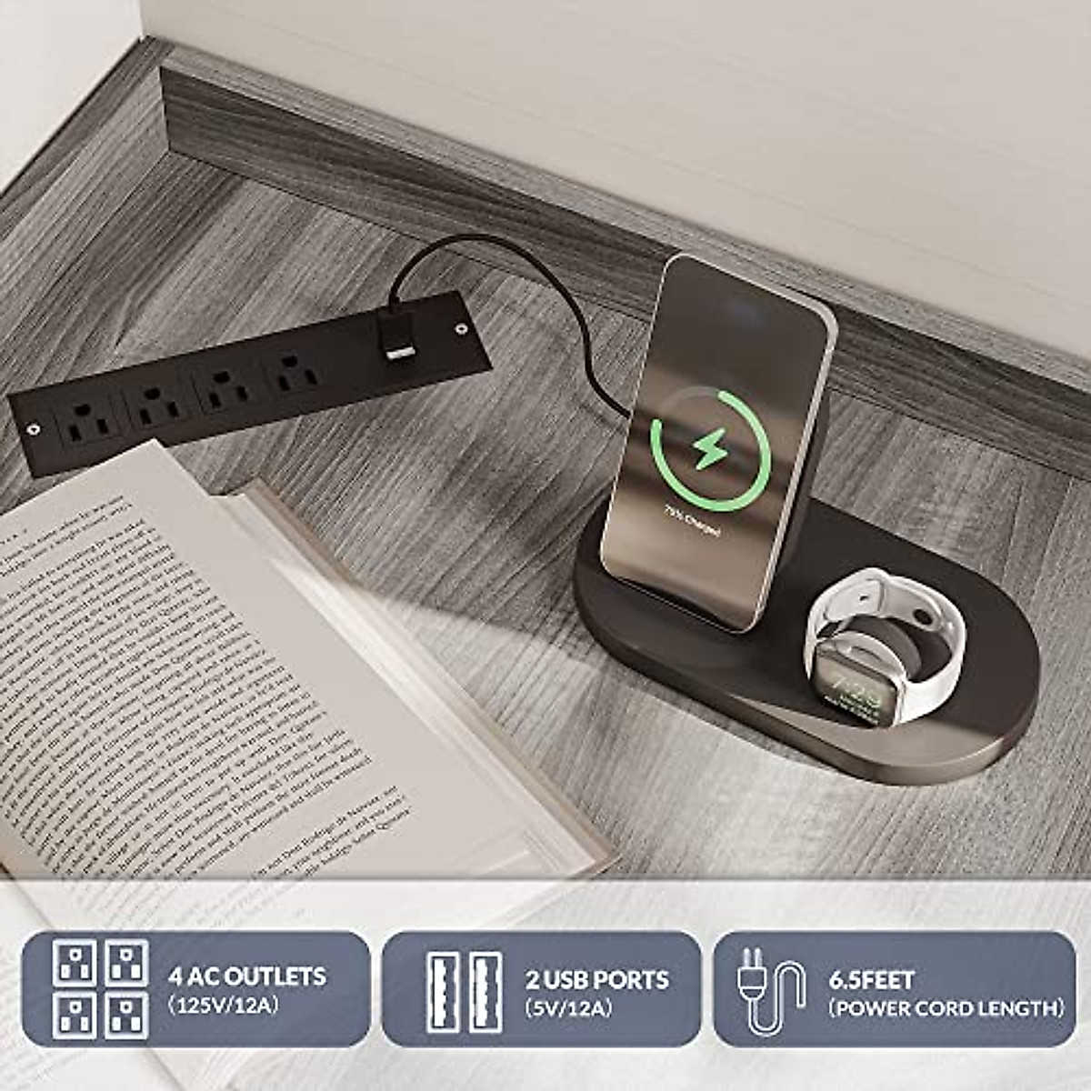 BELLEZE Corner Cabinet with USB Ports and Outlets, Corner Table with 2 Storage Drawers and 10 Shelves, Store and Organize Home Furniture for Bedroom, Living Room Small Space - Sonoma (Gray)