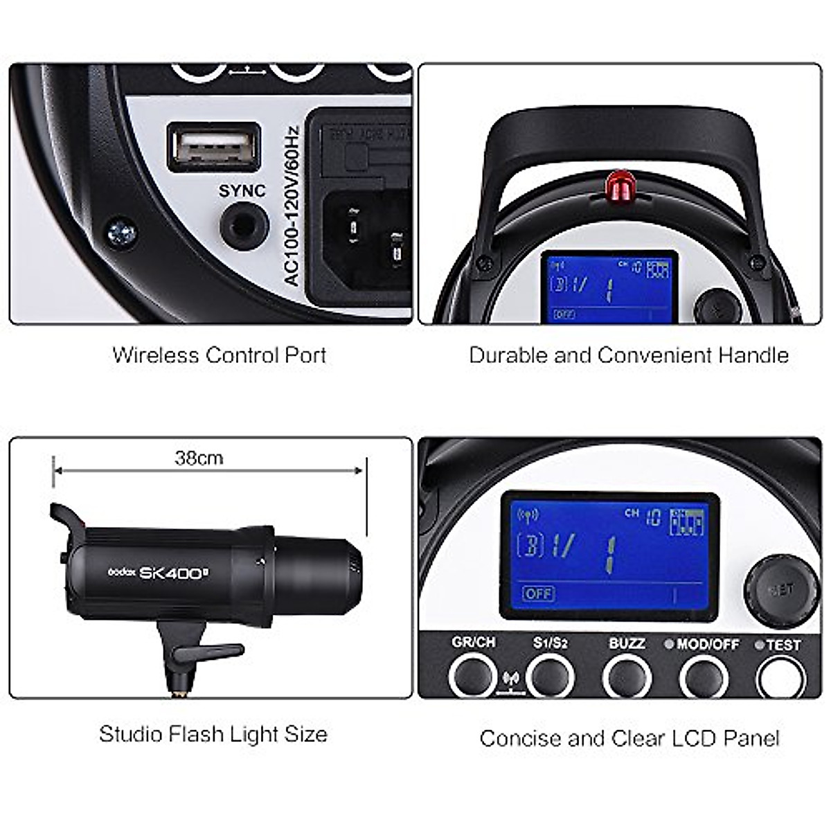Godox SK400II Professional Compact 400Ws Studio Flash Strobe Light Built-in Godox 2.4G Wireless X System GN65 5600K with 150W Modeling Lamp for E-Commerce Product Portrait Lifestyle Photography