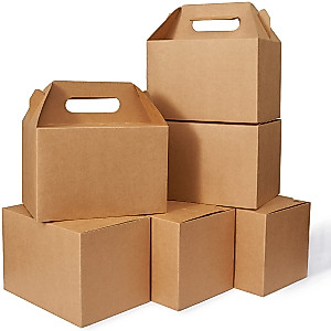 Happyhiram 30 CT 9x6x6 Large Box Lunch Boxes Cardboard Paper with Handles Kraft Brown, Gable Gift Boxes Party Favor Boxes Barn Style Carry Out Box Recyclable Packaging Boxes for Food Cookies Baby Shower Bridal Shower Wedding Birthday
