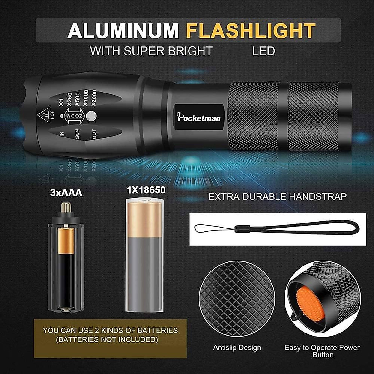 LED Tactical Flashlight Super Bright 2000 Lumen LED Flashlights Portable Outdoor Water Resistant Torch with 5 Light Modes（10Pack）