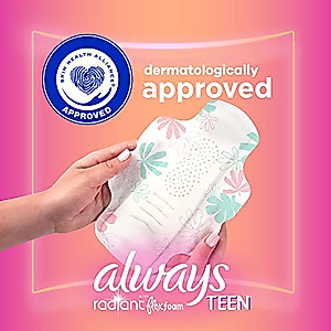 Always Radiant Teen Feminine Pads For Women, Size 1 Regular Absorbency, With Flexfoam, With Wings, Unscented, 42 Count