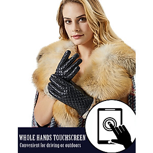 VIKIDEER Winter Warm Cashmere Lining Rabbit Fur Cuffs Leather Gloves for Women Touchscreen Black Large