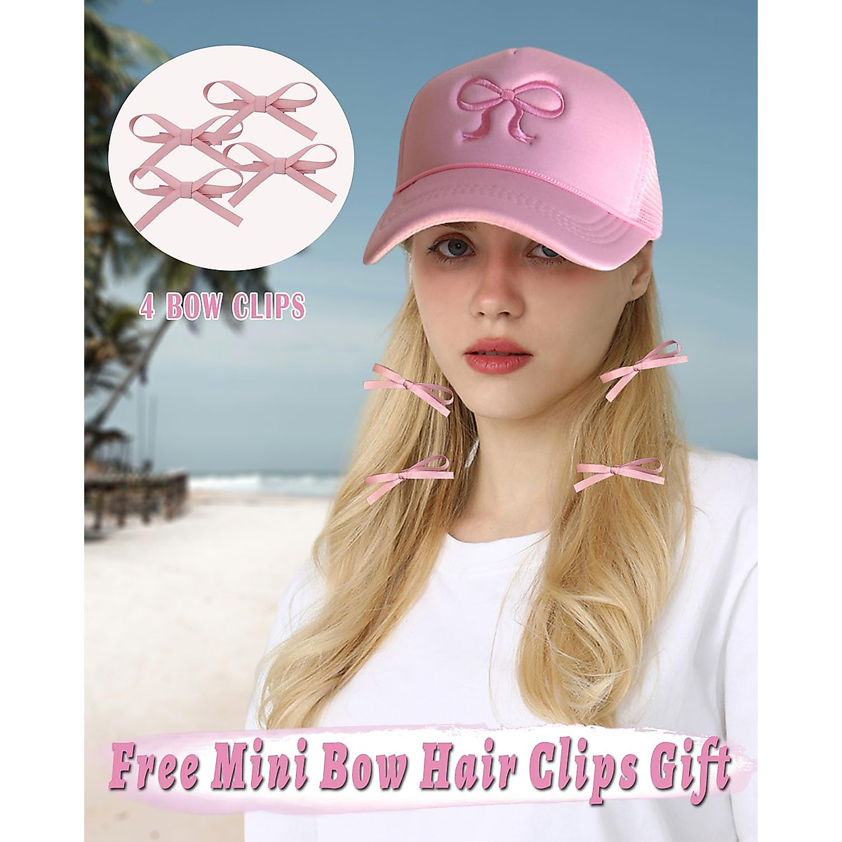 HENWASAI Womens Bow Embroidered Trucker Hat Trendy Mesh Baseball Cap Adjustable Snapback Cap Summer Girls Rope Hat (Pink)