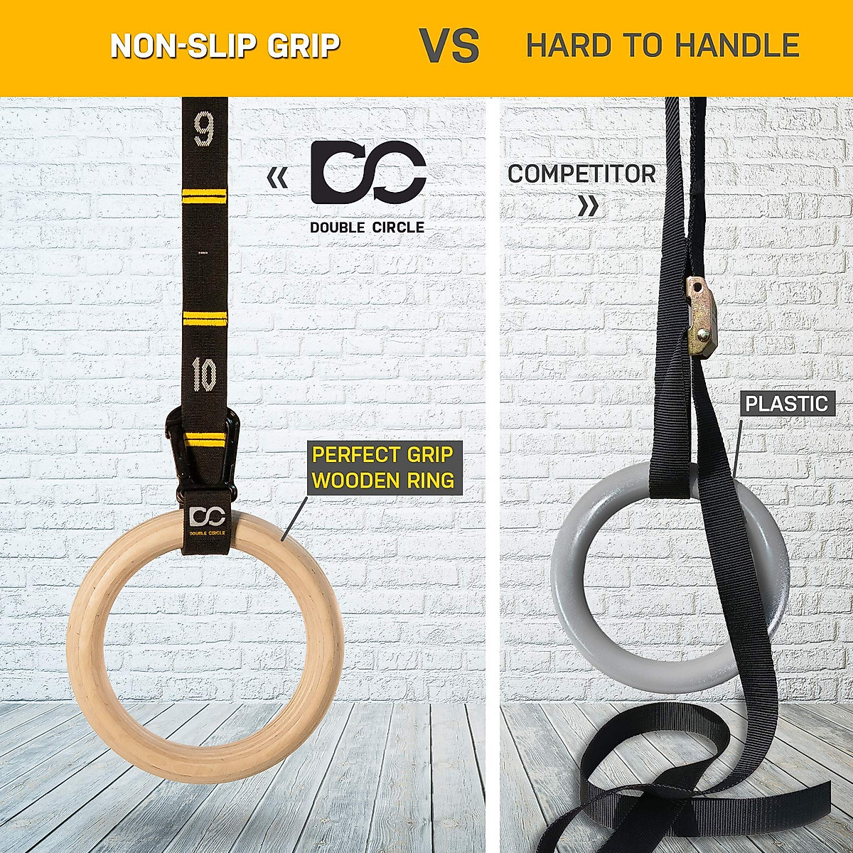 Double Circle 1.25 Inch Wood Gymnastics Rings for Bodyweight Training - Home Gym Workouts and Olympic Exercises - Slip Resistant Grip Strength - 32mm (Rings Only)