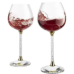 Gold With Diamond Wine Glasses Set of 2 - Weddings, Birthdays, Parties - Rhinestone DIAMOND Filled Stem Studded - Long Stem, 18oz 9-inches Tall – Glassware Laser Cut Diamond Base 18 Ounces Glass Gift