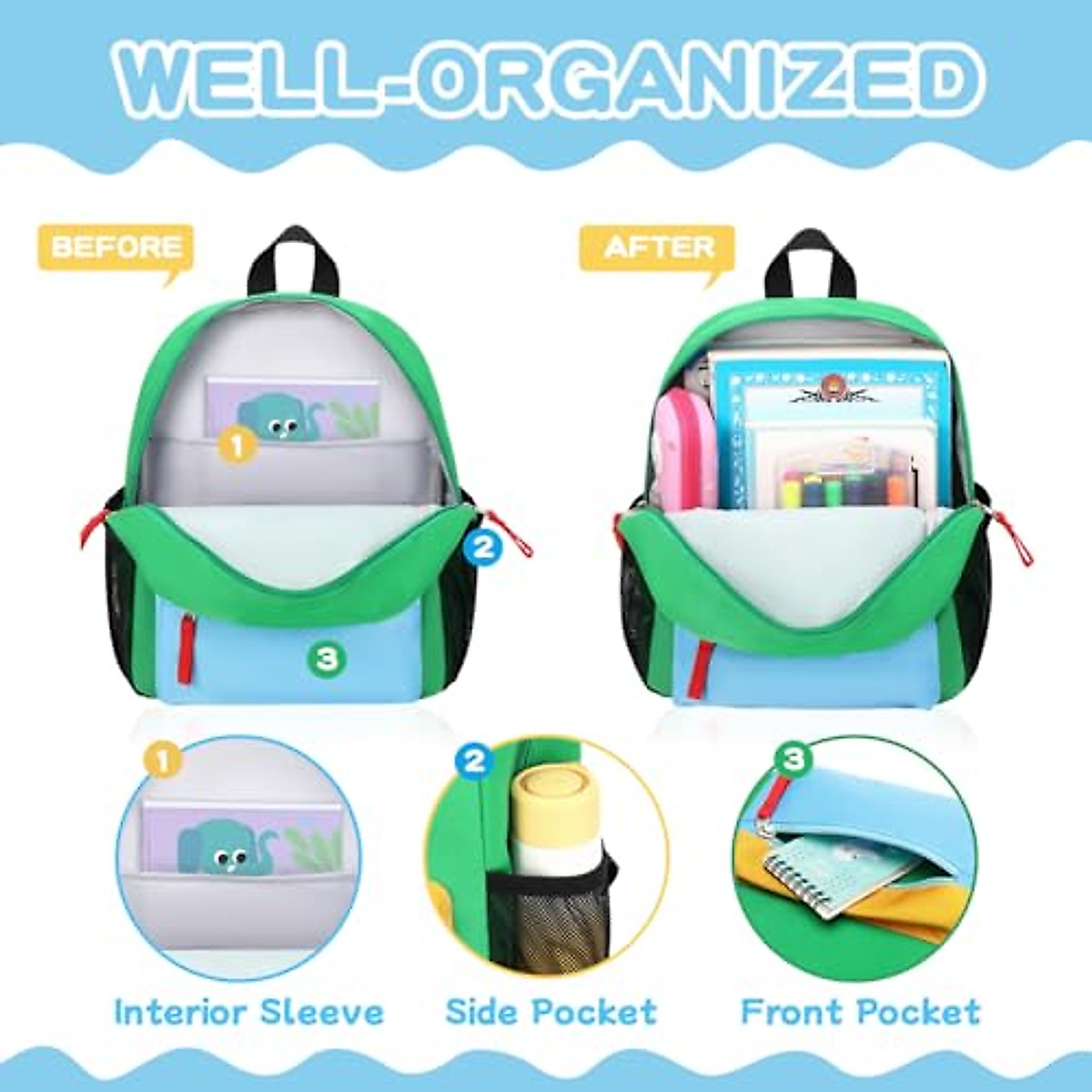 Toddler Backpack, 12'' Preschool Mini Backpack for Small Kids Boys and Girls 1-4 years old Kindergarten Small Bookbag with Chest Buckle and Reflective Strip,Green and Blue