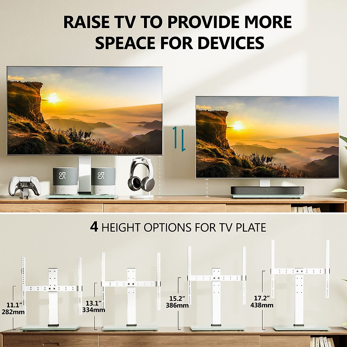 FITUEYES Universal TV Stand White for 27-55 Inch TV - Table Top TV Stand Mount with Glass Base, Pedestal TV Mount Stand for Bedroom, Living Room, Height Adjustable, Holds 88lbs