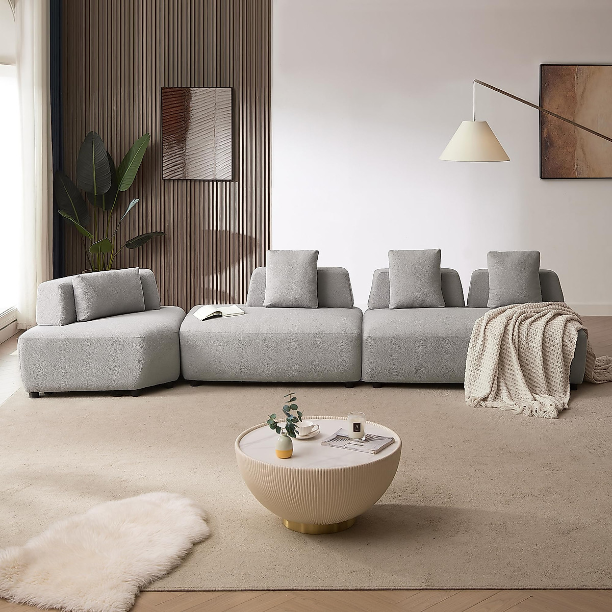 WILLIAMSPACE 92.5" Luxury Sectional Sofa for Living Room, Modern Upholstery Boucle Sofa Couch with 4 Pillows, Contemporary Sectional Curved Sofa Corner Couch for Apartment, Boucle Fabric (Grey)