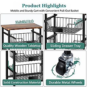 CHLORYARD 5-Tier Vegetable Fruit Basket Kitchen Storage Rolling Cart on Wheels with Pull-Out Baskets and Wood Top for Kitchen Diningroom Pantry