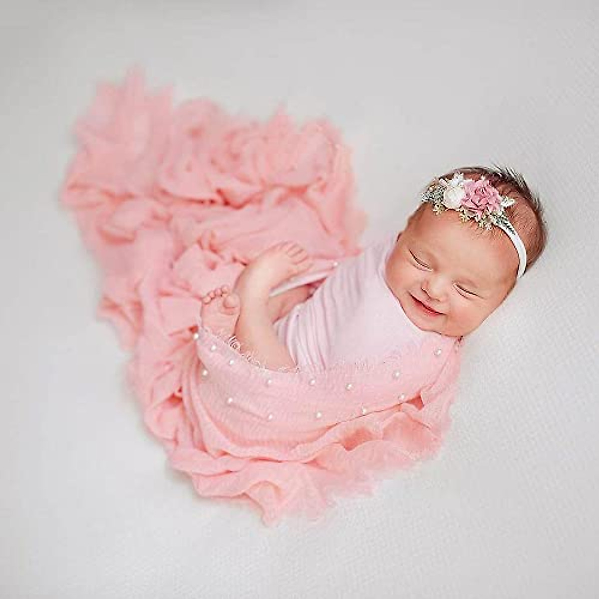M&G House Newborn Photography Wrap | Handmade Pearl Decor Wrap Blanket for Baby Photo Props | 35.5 X 67 inch Newborn Photo Shoot Outfits Baby Photoshoot Props(Snow Powder)